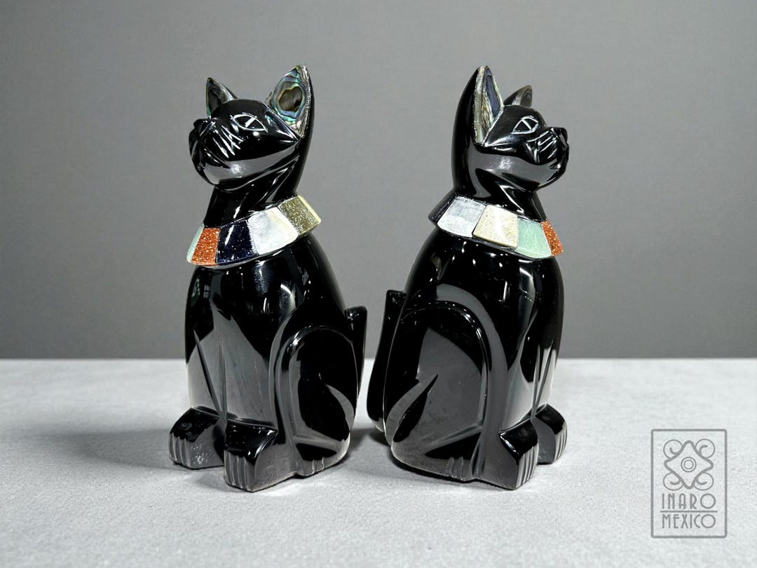 Pair of Black Obsidian Cats With Mineral Inlays | Handmade Figurines - Etsy