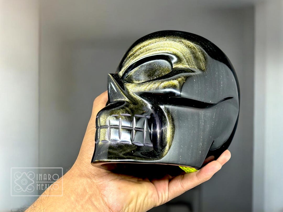 Obsidian Sculpture, Golden Skull, Hand Carved in Black Obsidian, Gift ...