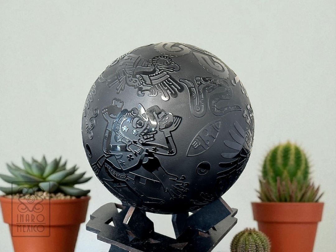 Black Obsidian Sphere With Aztec Symbols | Hand-carved | Sun Symbols ...