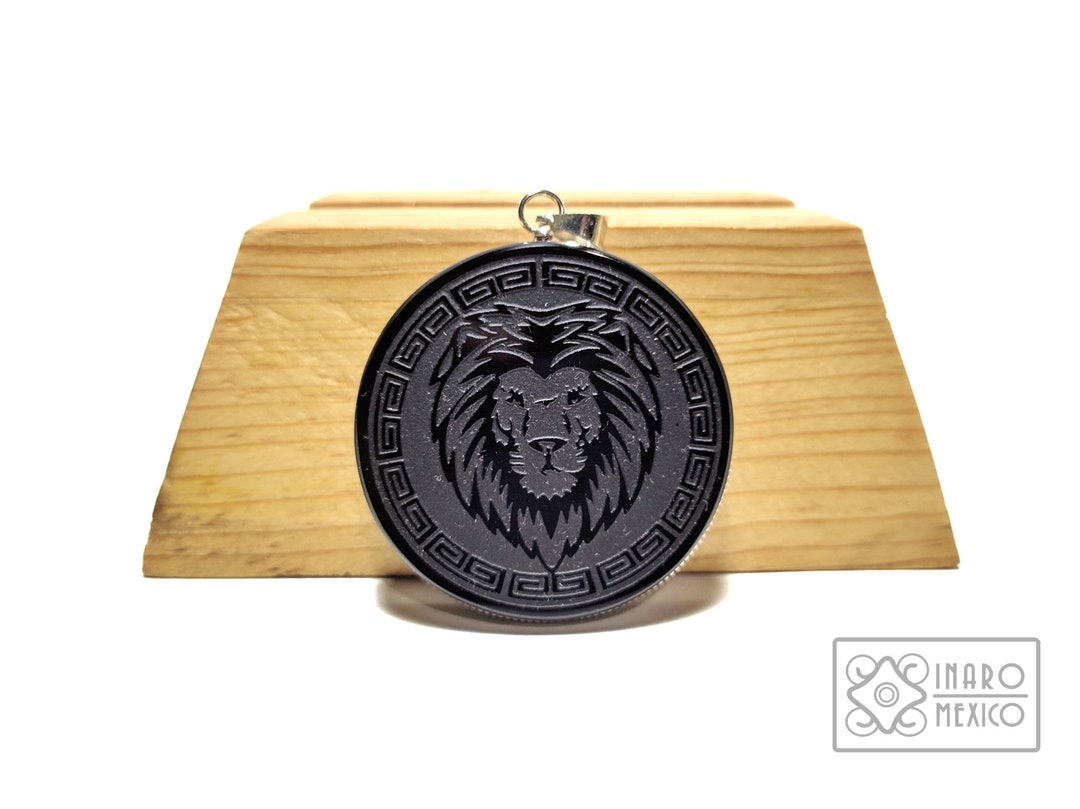 Engraved Black Obsidian Lion Pendant, Animal Totem Medallion, 2" Amulet ...