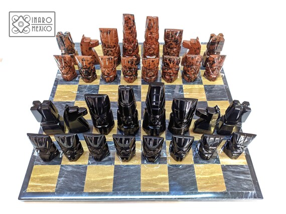 Obsidian Handcarved Chess Pieces & Onyx Board Set Handmade | Etsy