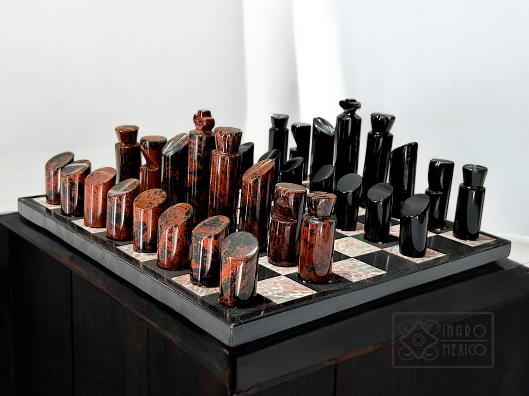 Obsidian Chess, Obsidian Handcarved Chess Pieces + Onyx Board, Handmade ...