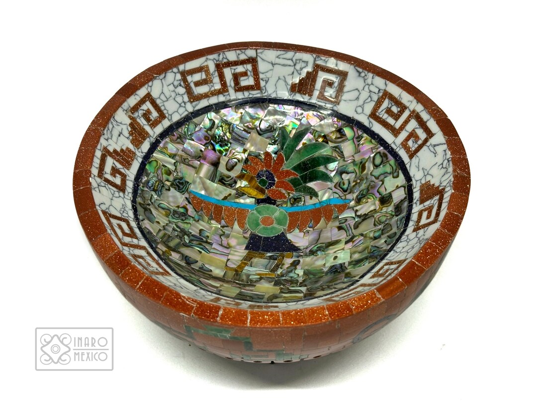 Obsidian Vessel With Mineral Mosaic: Quetzal and Flowers, Carved in ...
