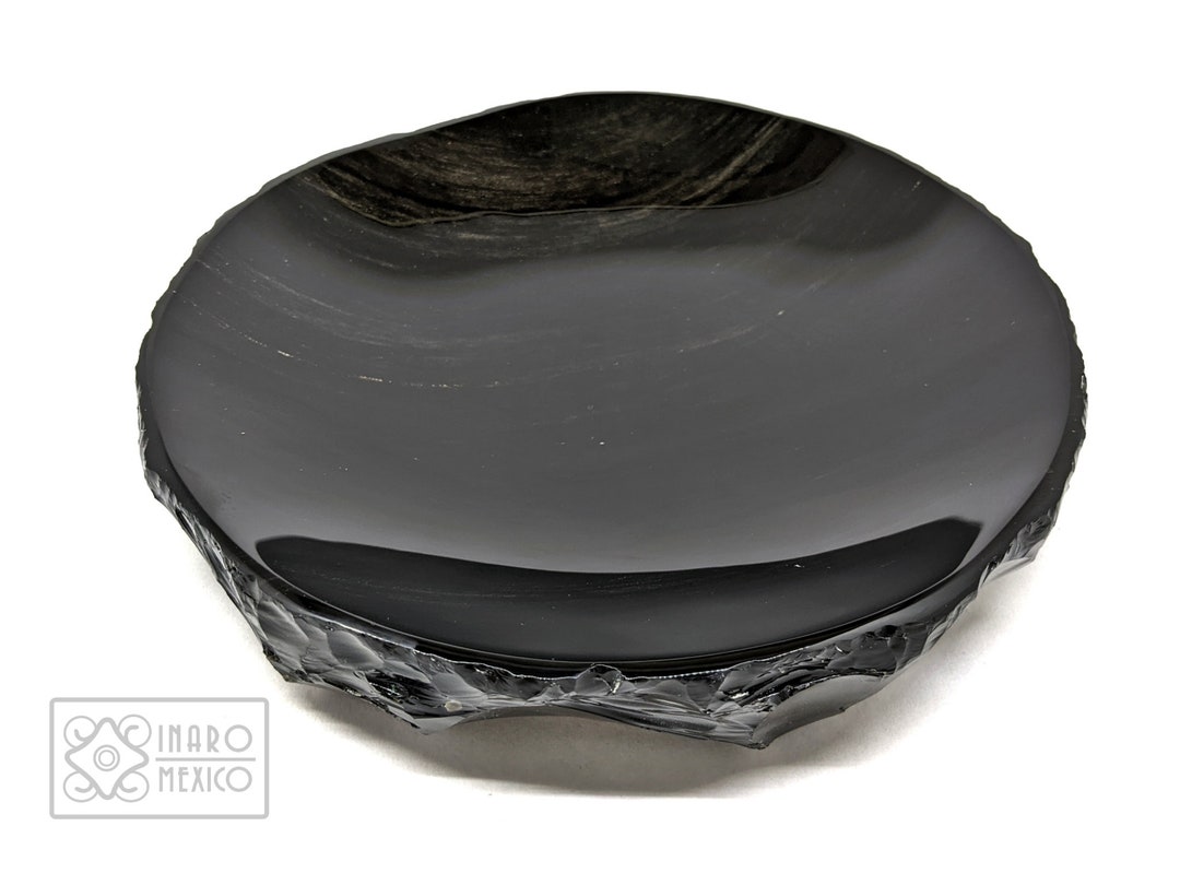 Obsidian Vessel, Polished Plate With a Rustic Edge and Engraved. Hand ...