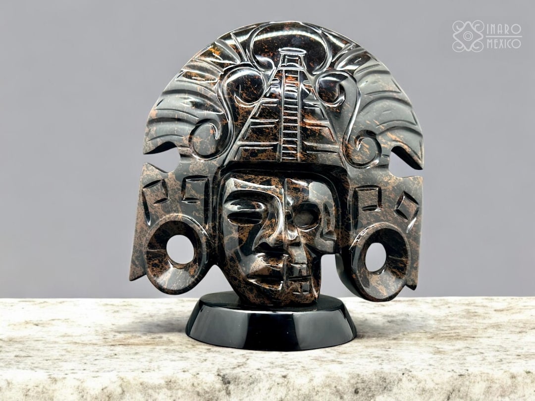 Obsidian Sculpture, Mask of Duality, Aztec Corn God, Hand Carved ...