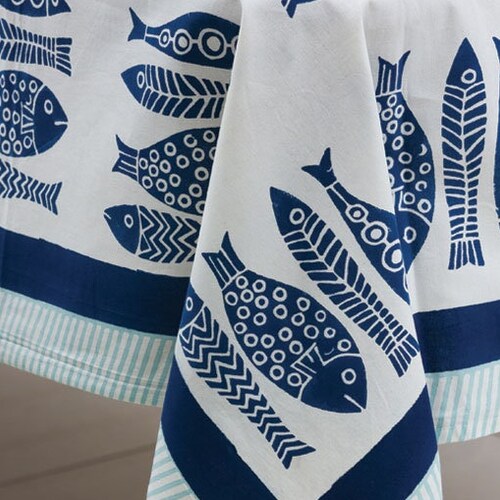 Fish Block Print Tablecloth - Etsy