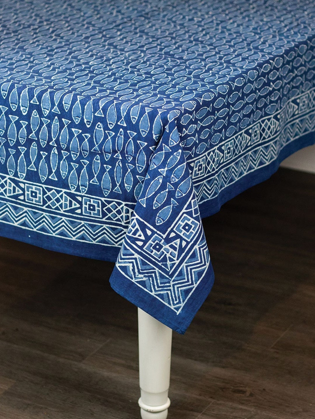 Indigo Fish Block Print Tablecloth - Etsy