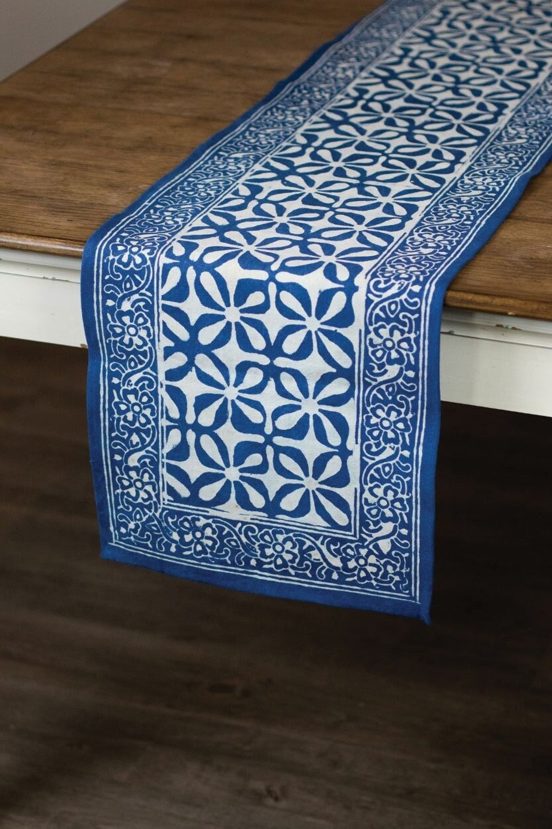 Indigo Floral Mosaic Block Print Table Runner - Etsy