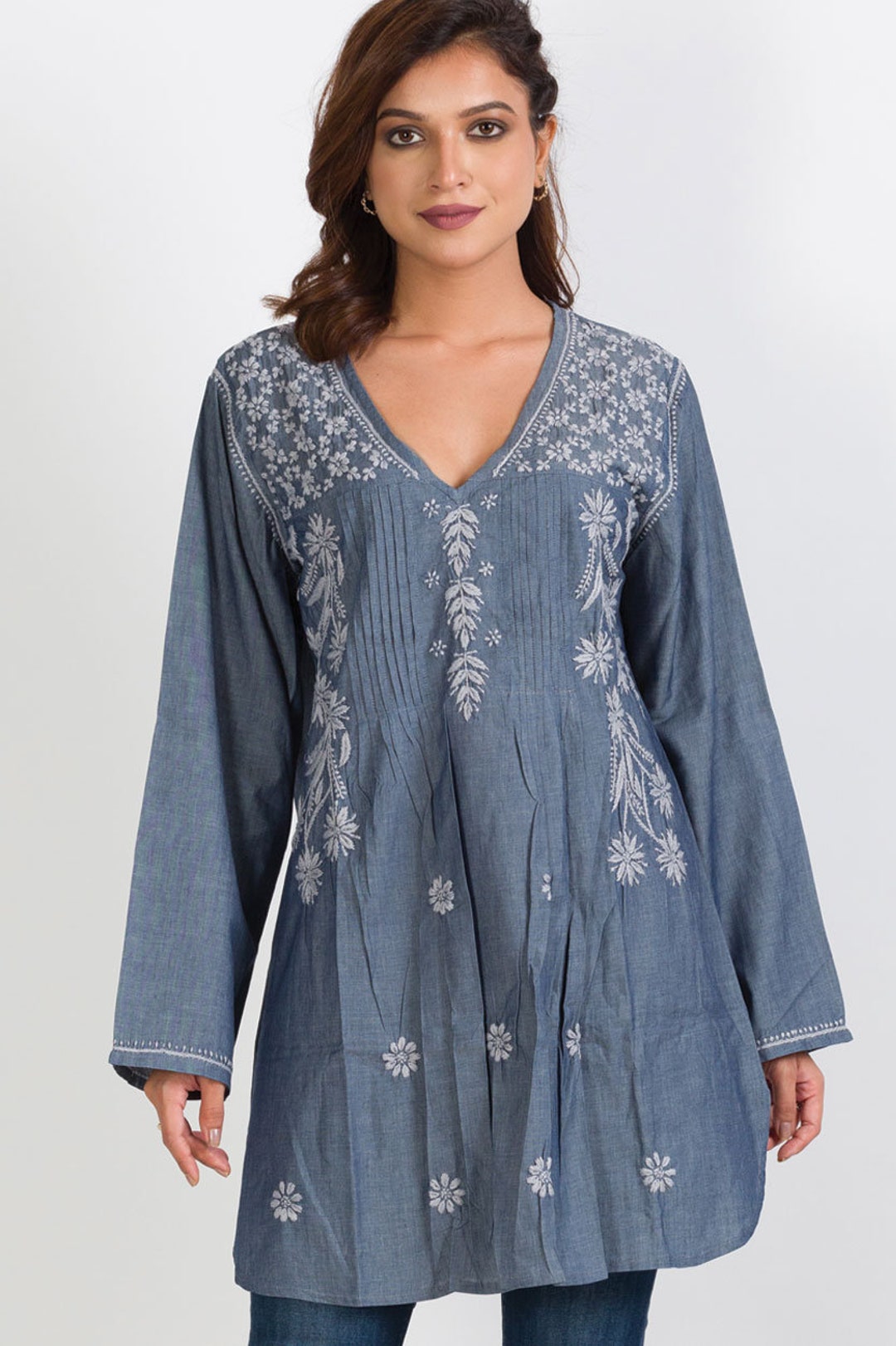 Divya Chambray Hand Embroidered Tunic - Etsy