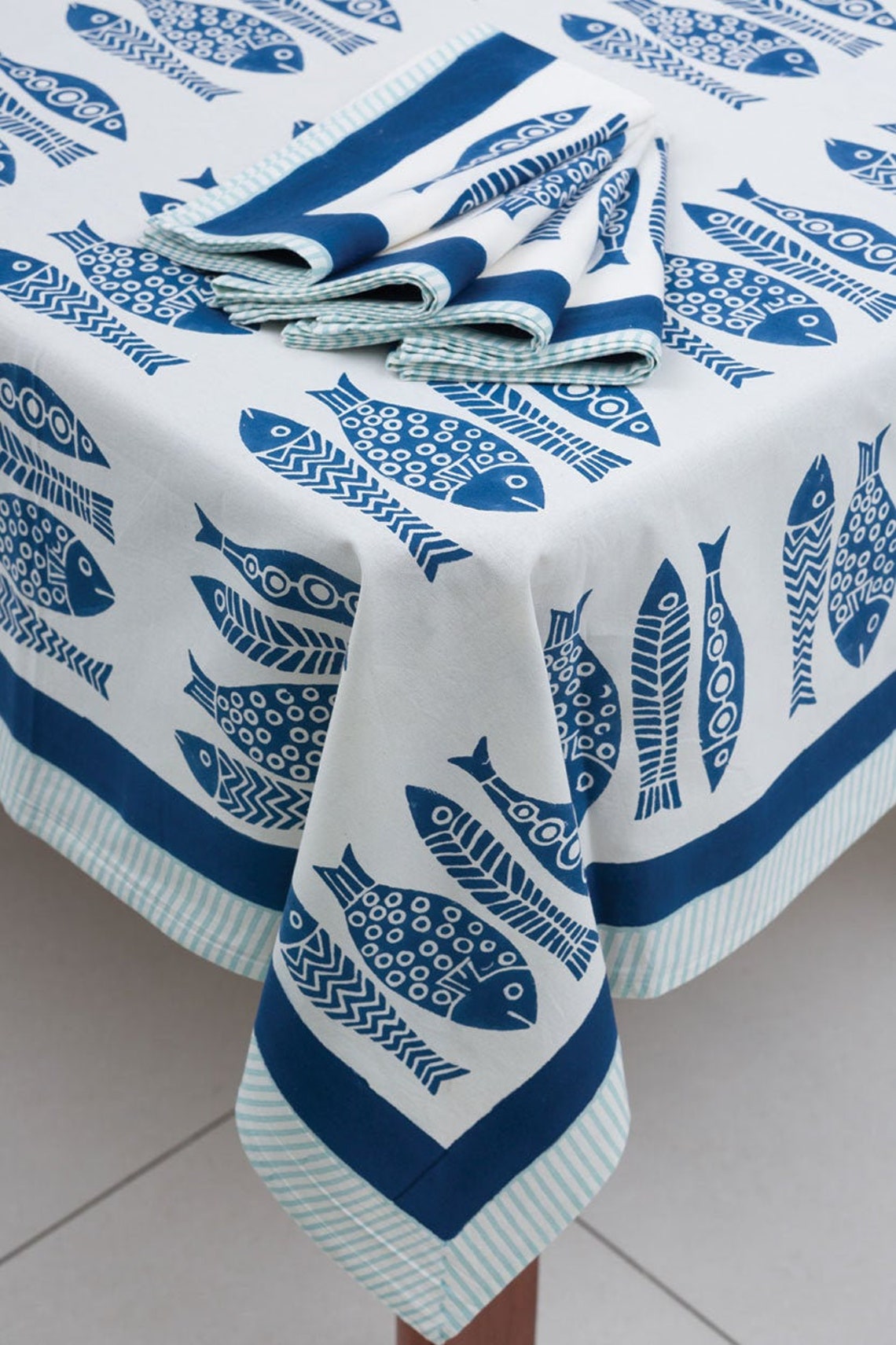 Fish Block Print Tablecloth - Etsy
