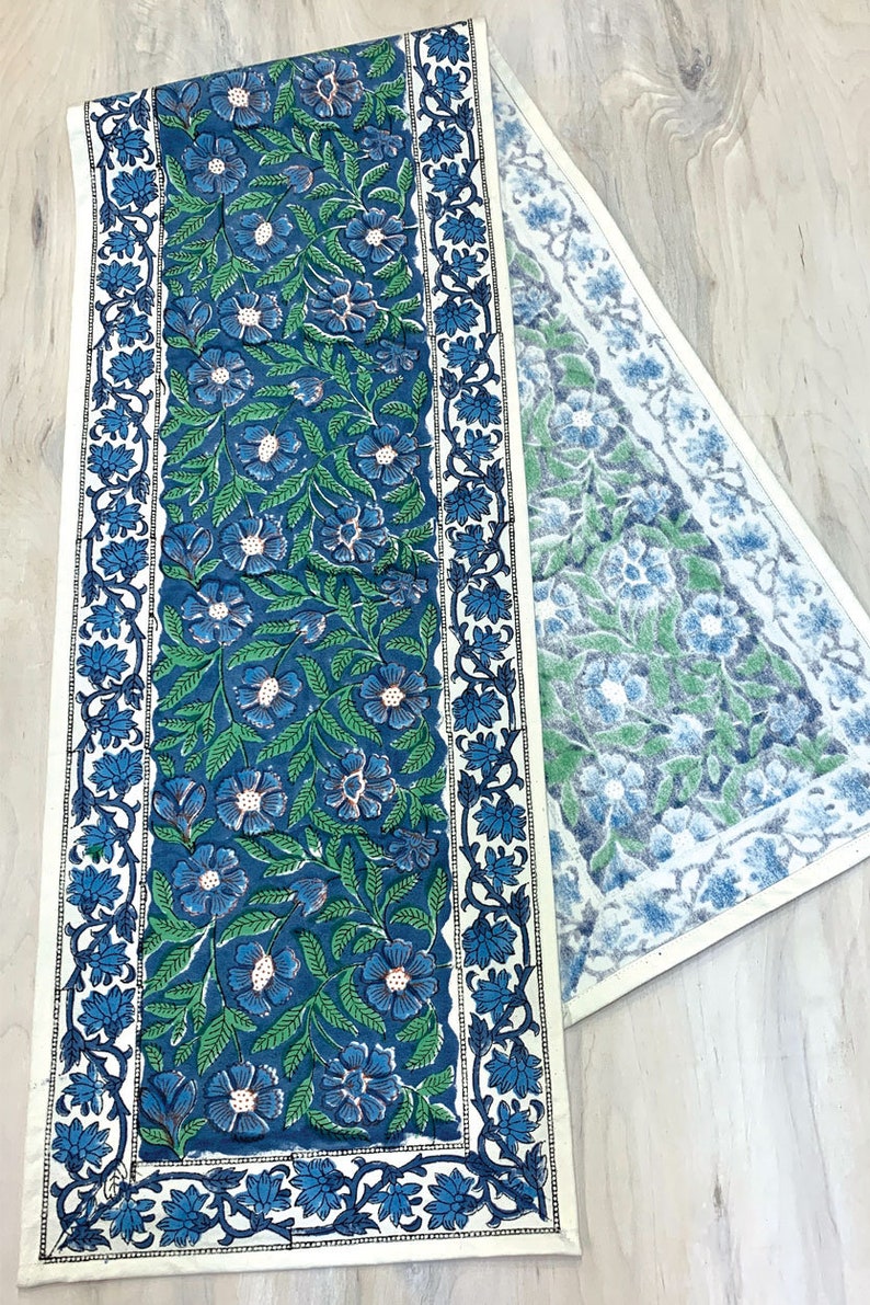 Sage Green & Blue Floral Block Print Table Runner - Etsy