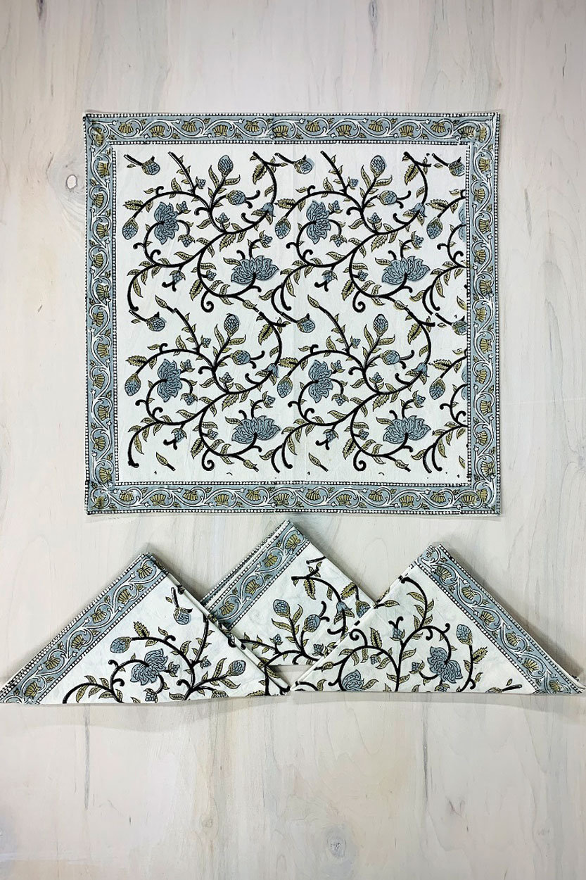 Silver and White Floral Block Print Cloth Napkins: Set of 4 - Etsy