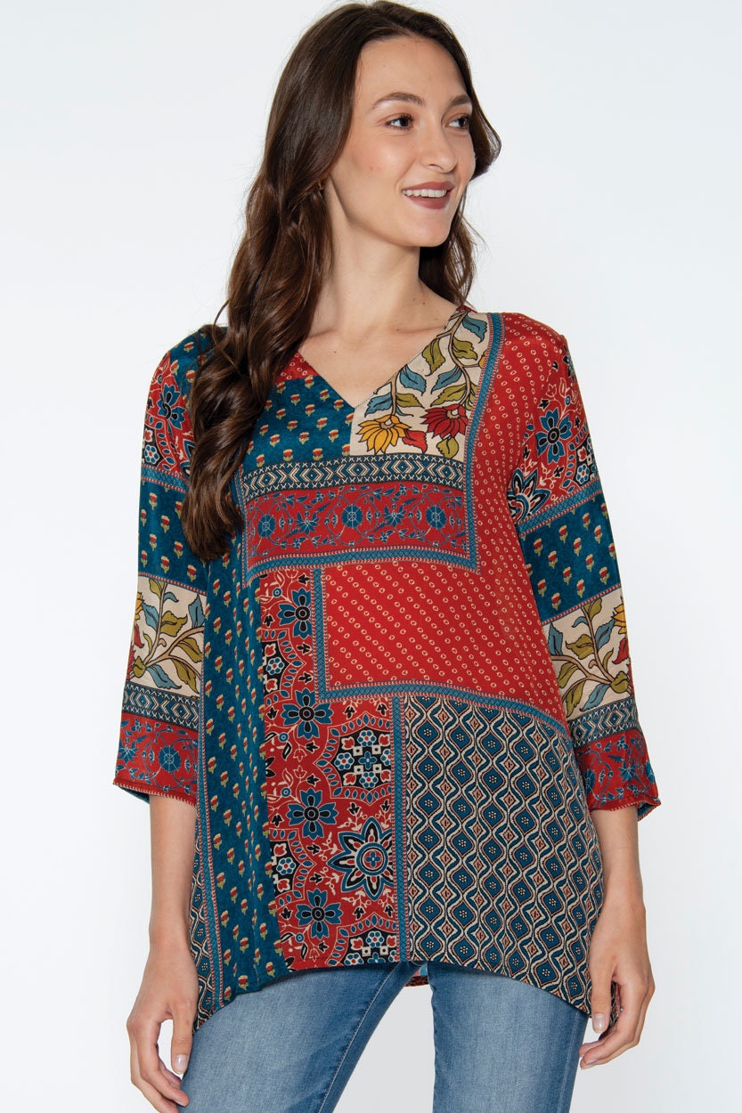 Blue and Coral Ananda Sari Print Tunic - Etsy