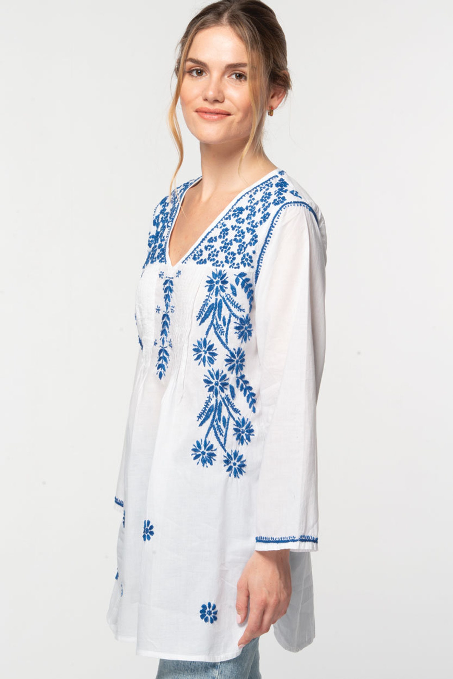 Divya White & Navy Hand Embroidered Tunic - Etsy
