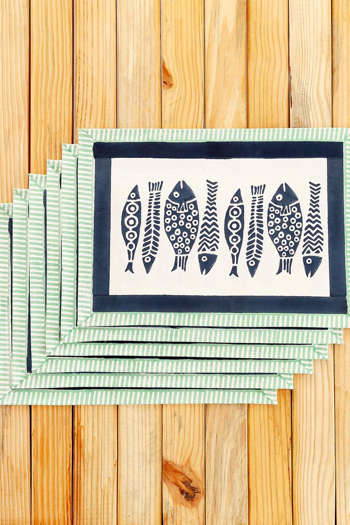 Navy Blue and White Fish Block Print Placemats: Set of 6 - Etsy