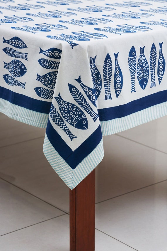 Fish Block Print Tablecloth - Etsy
