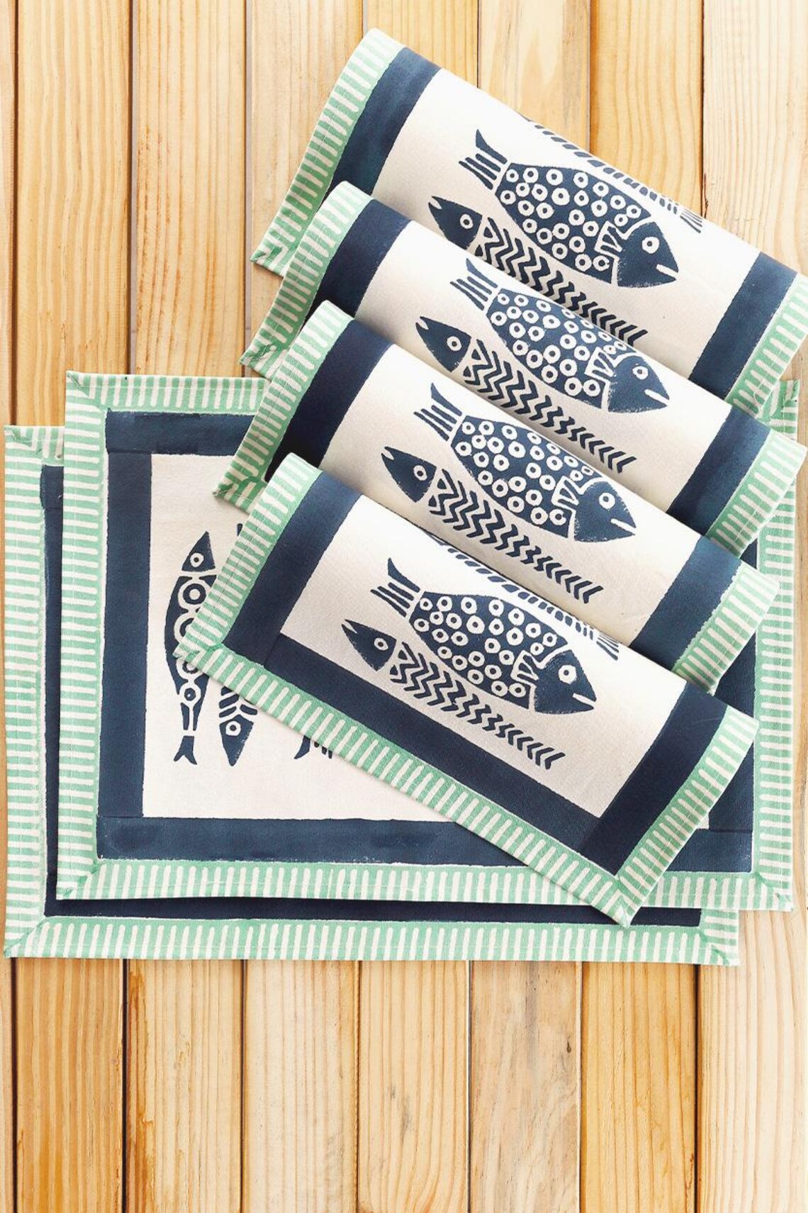 Navy Blue and White Fish Block Print Placemats: Set of 6 - Etsy