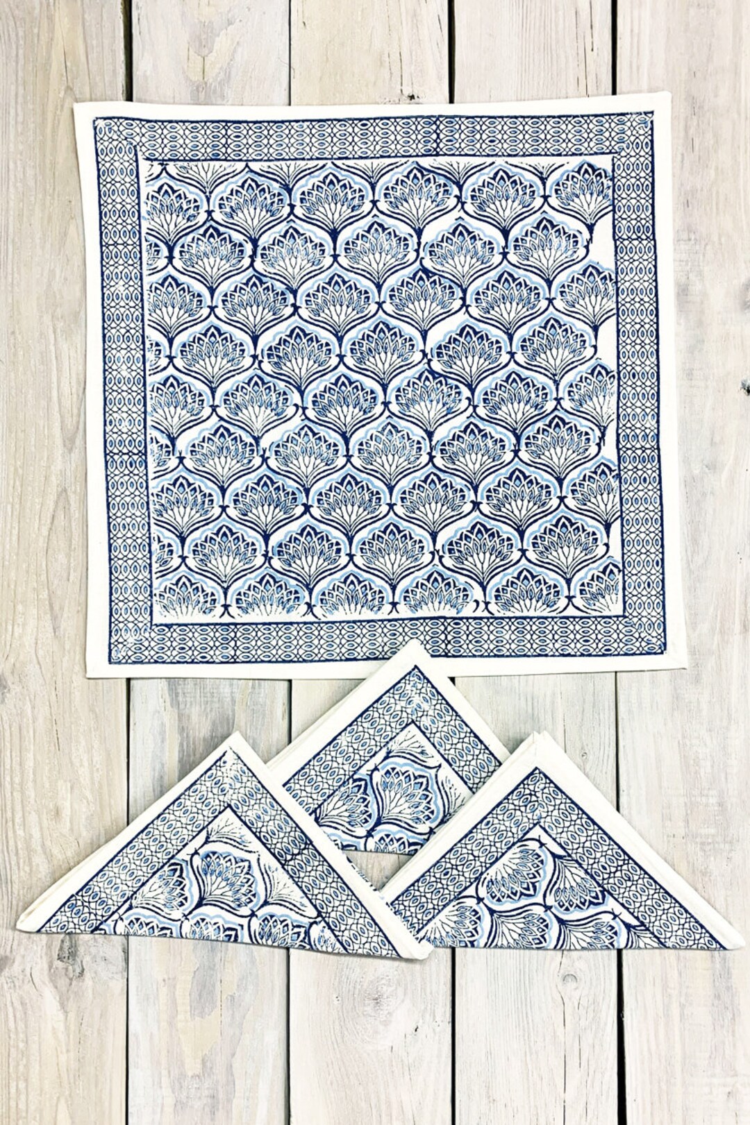 Blue and White Lotus Block Print Cloth Napkins: Set of 4 - Etsy