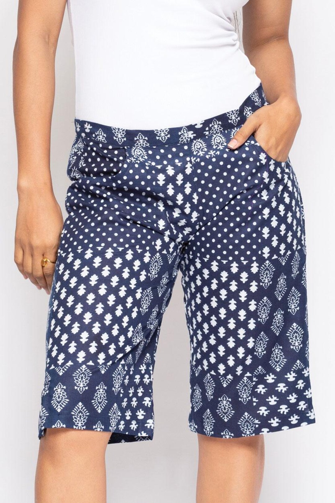 Navy Blue and White Block Print Cotton Shorts - Etsy