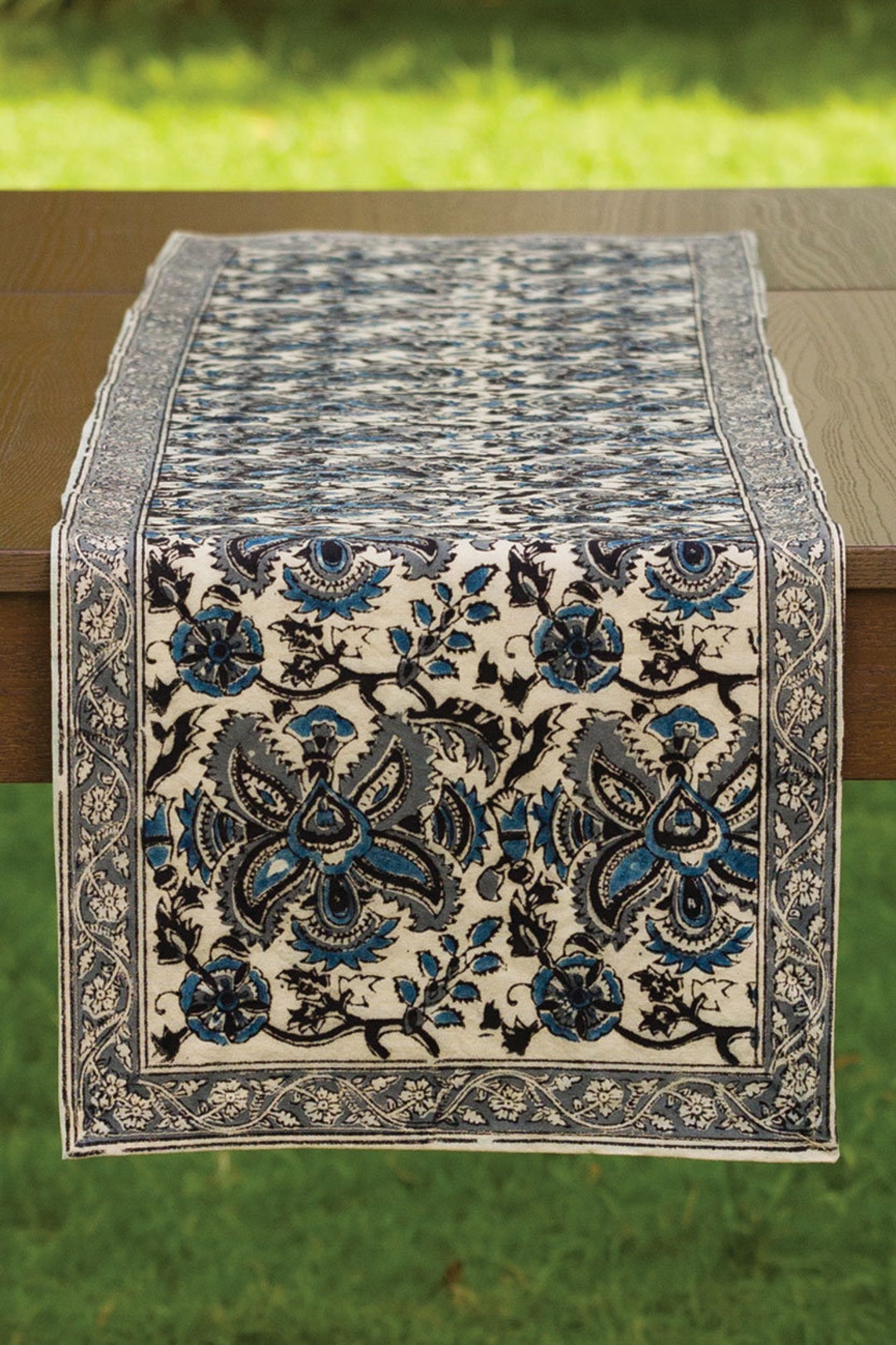 Blue & Silver Kalamkari Block Print Table Runner - Etsy