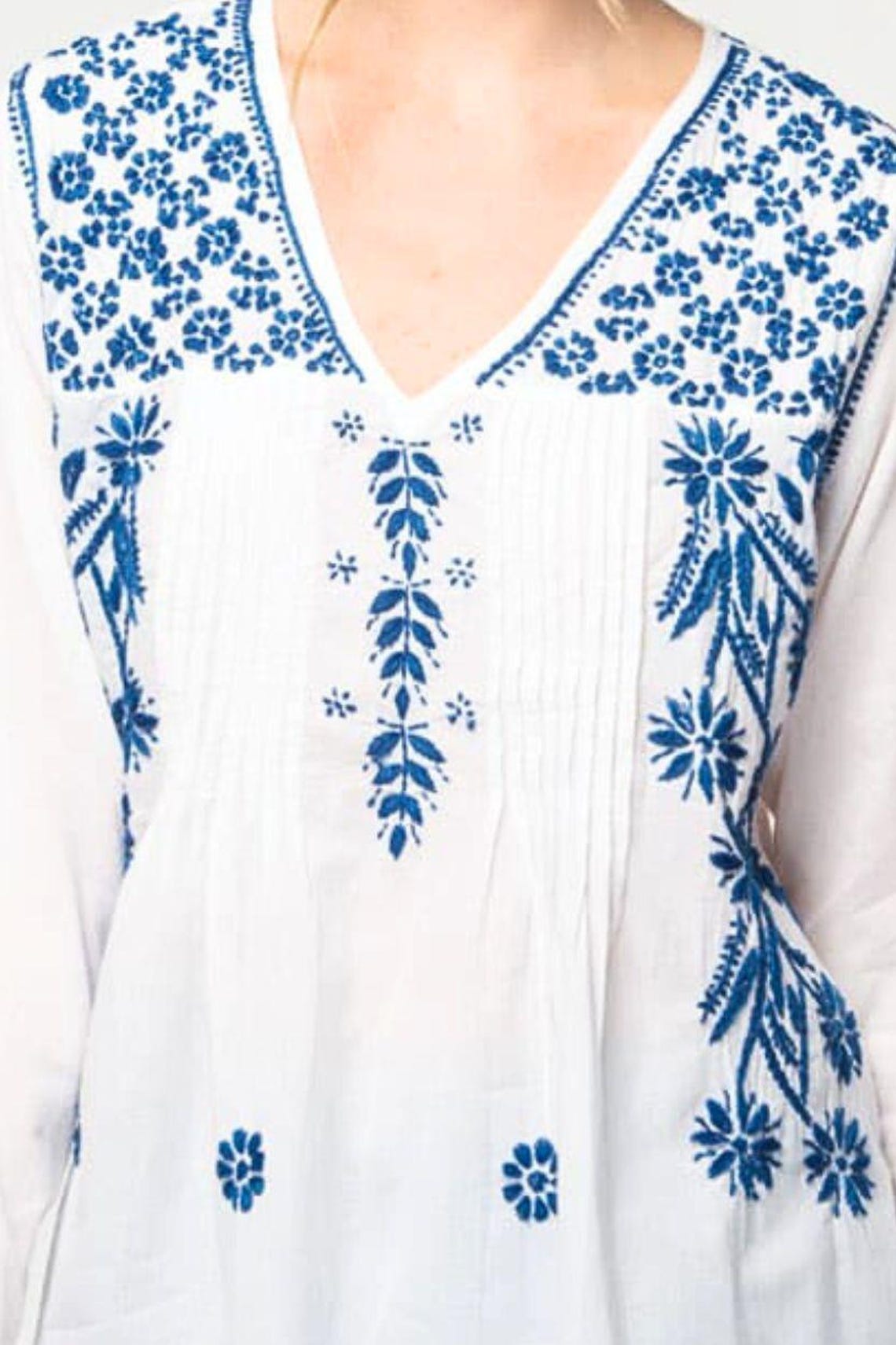 Divya White & Navy Hand Embroidered Tunic - Etsy
