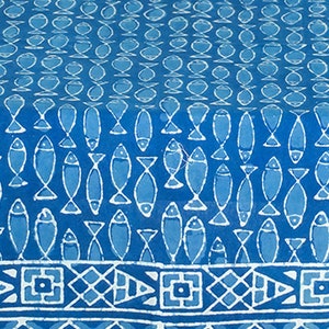 Indigo Fish Block Print Tablecloth - Etsy