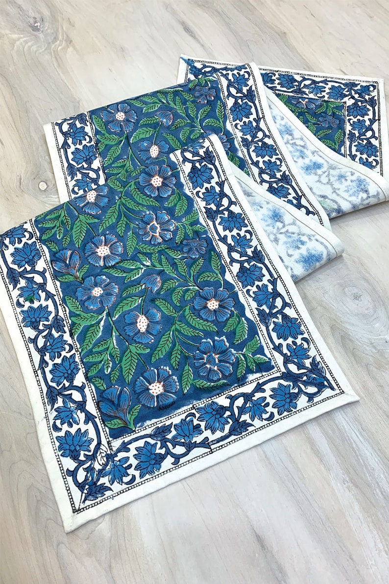 Sage Green & Blue Floral Block Print Table Runner - Etsy