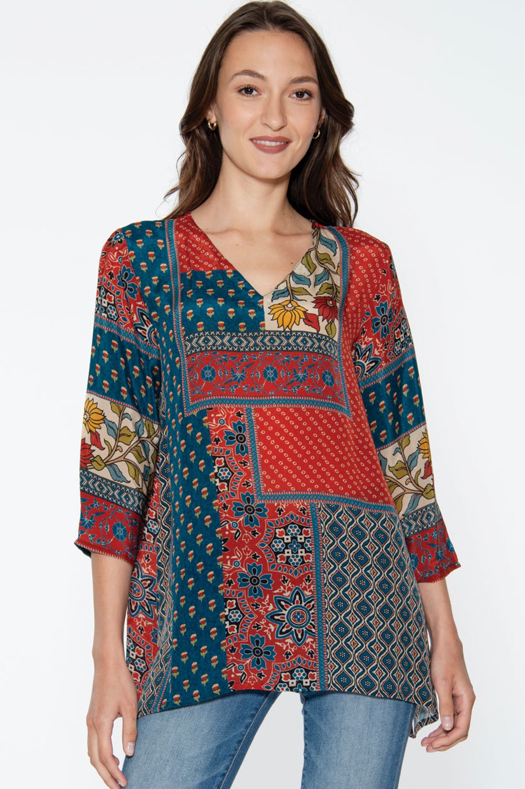 Blue and Coral Ananda Sari Print Tunic - Etsy