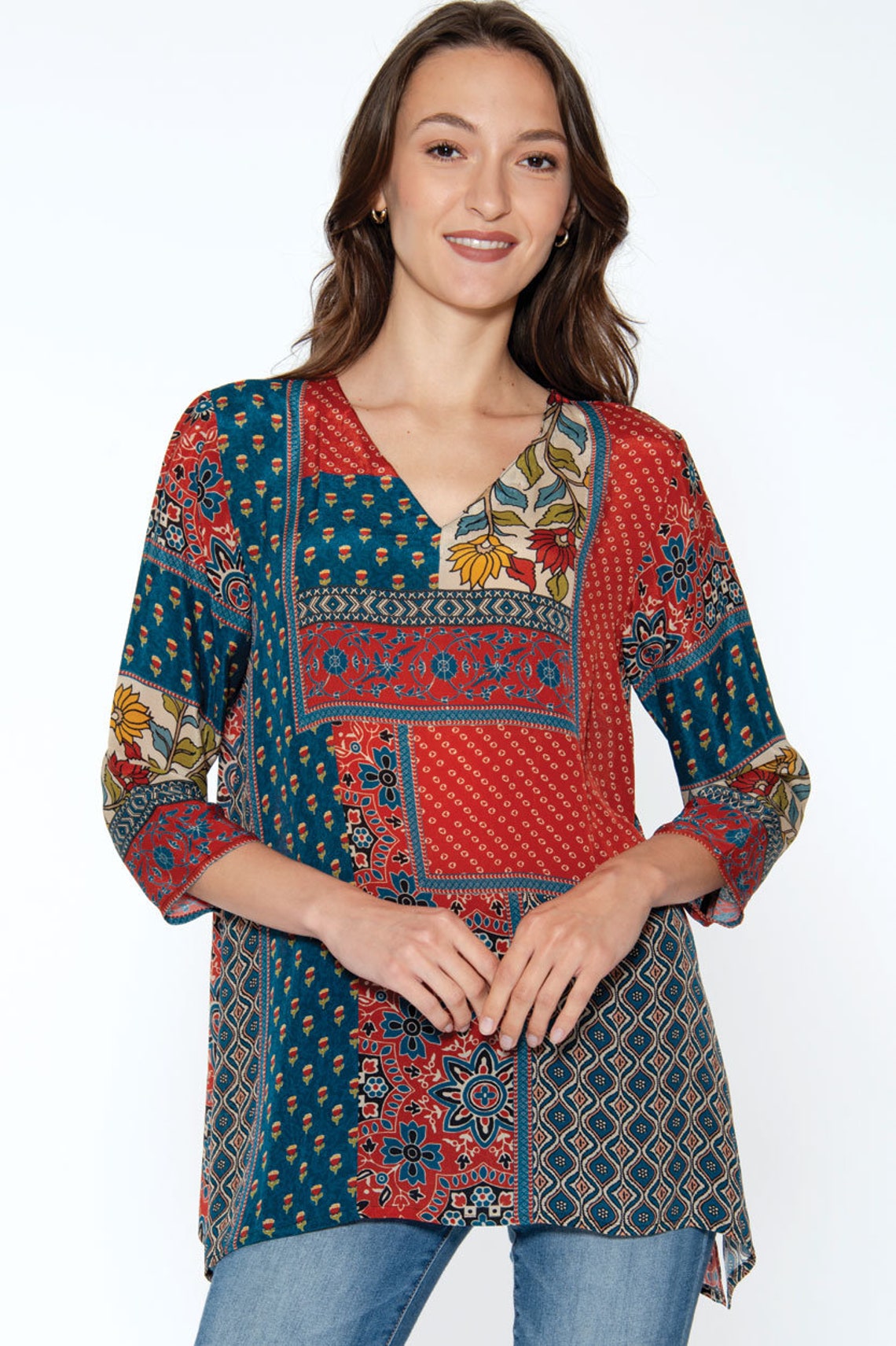Blue and Coral Ananda Sari Print Tunic - Etsy