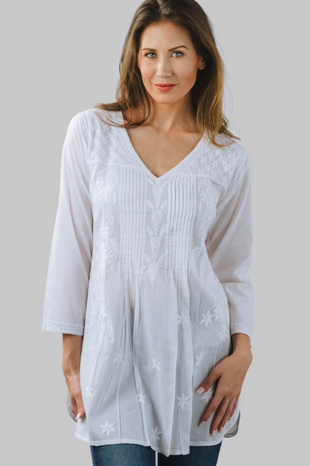 Divya White Hand Embroidered Tunic - Etsy