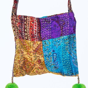 Colorful Patchwork Kantha Silk Sari Pom Pom Shoulder Bag - Assorted Colors - Etsy