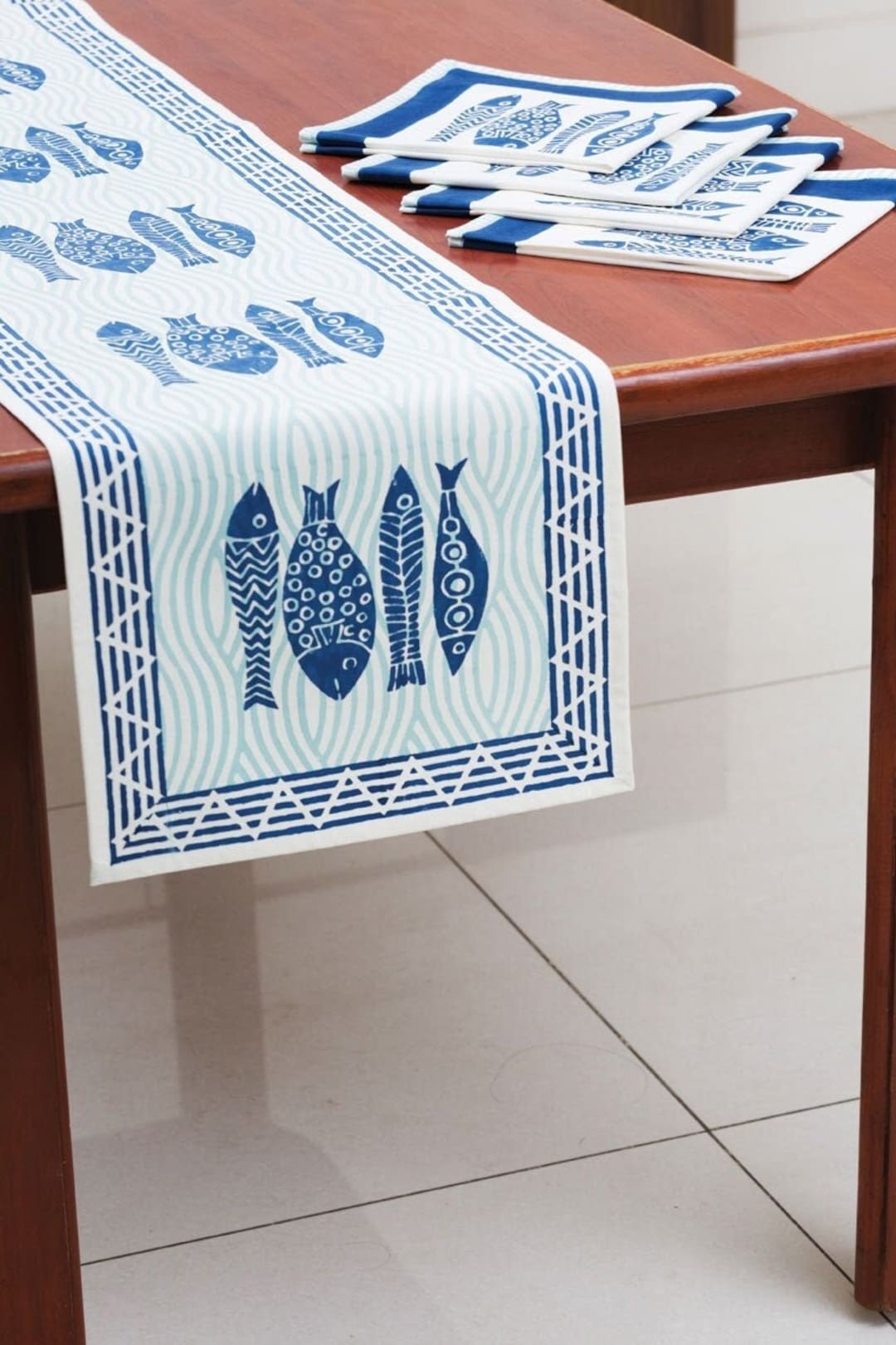 Indigo Fish Block Print Table Runner - Etsy