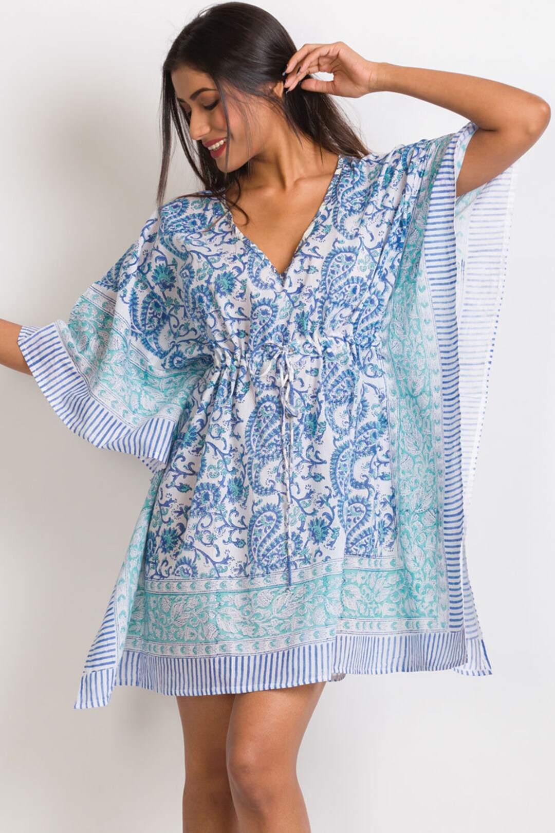 Sky Blue and Turquoise Block Print Cotton Caftan Dress - Etsy