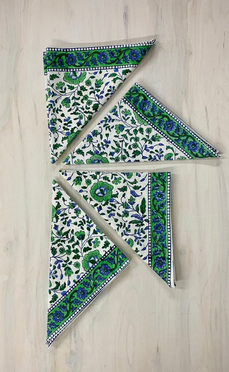 Green & Blue Jaipur Floral Block Print Napkin Set - Etsy