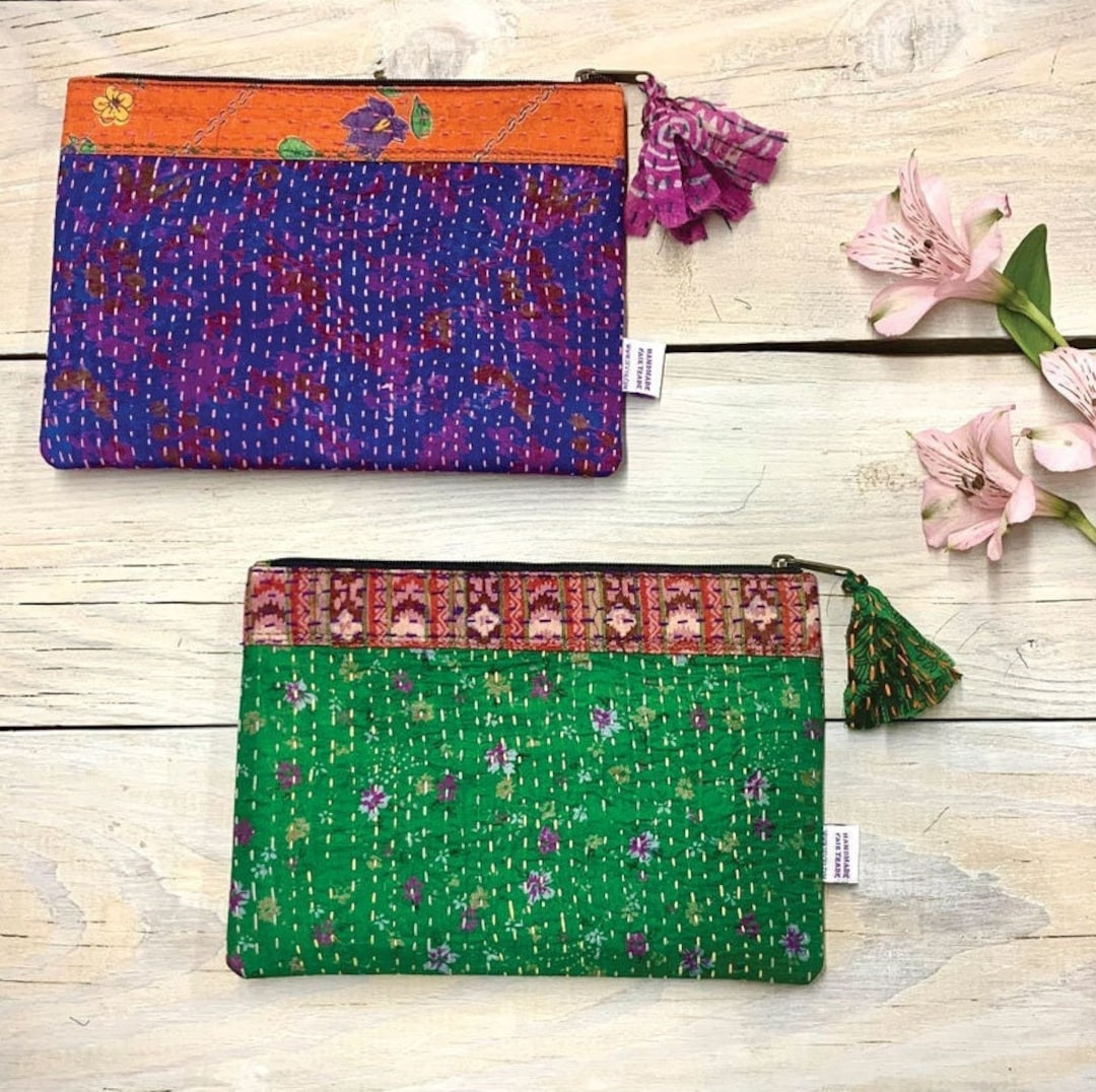 Kantha Silk Sari Accessory Pouch Set of 2 Assorted Colors - Etsy