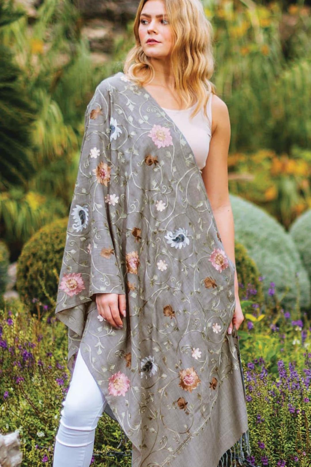 Silver Floral Embroidered Rajika Shawl Wrap - Etsy