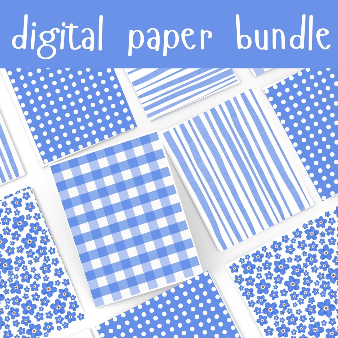 Blue Gingham Plaid Digital Paper: Floral & Polka Dot Scrapbook ...