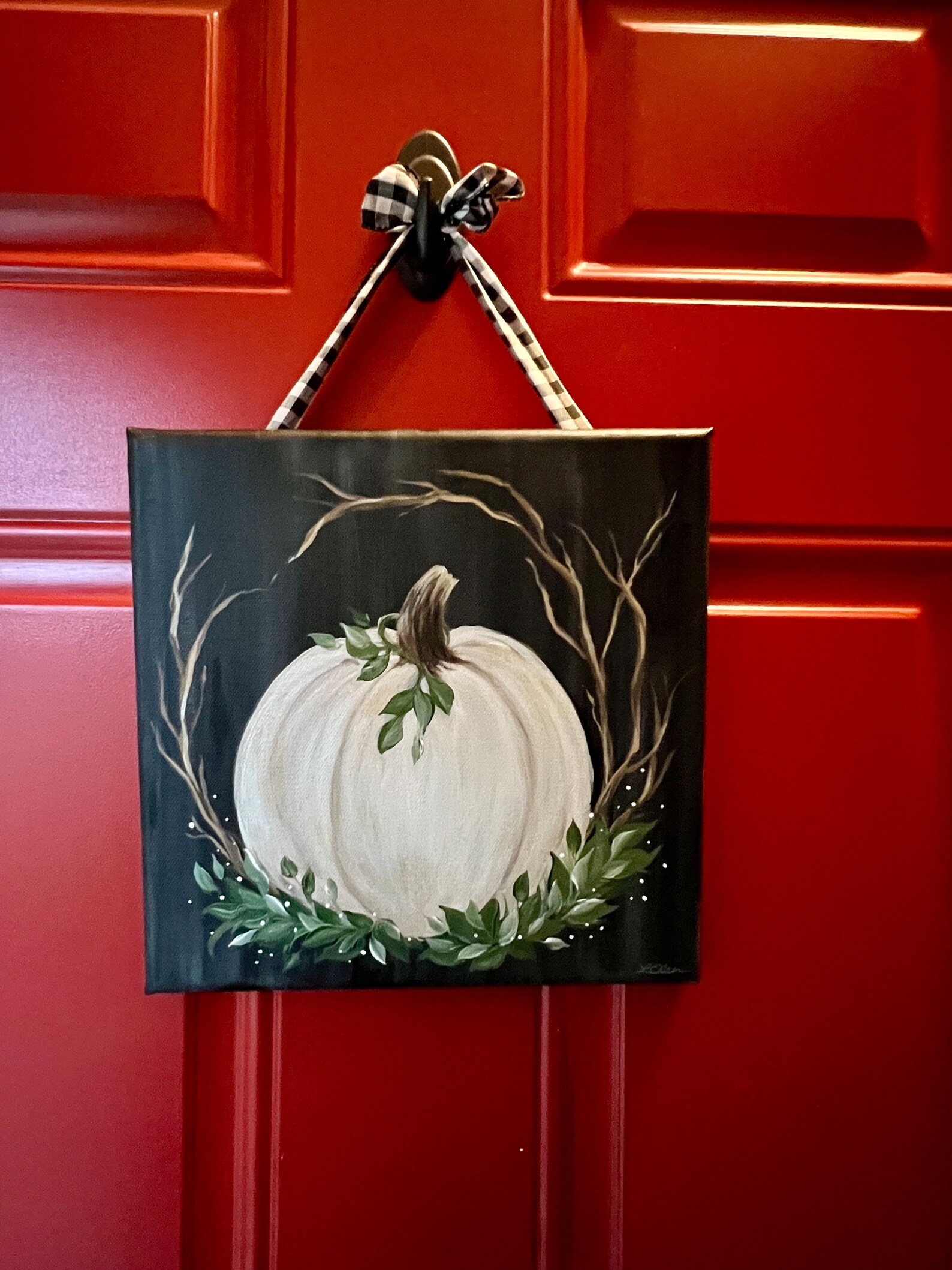 Fall Pumpkin Foliage Acrylic Painting on Canvas With Ribbon, Home Decor ...