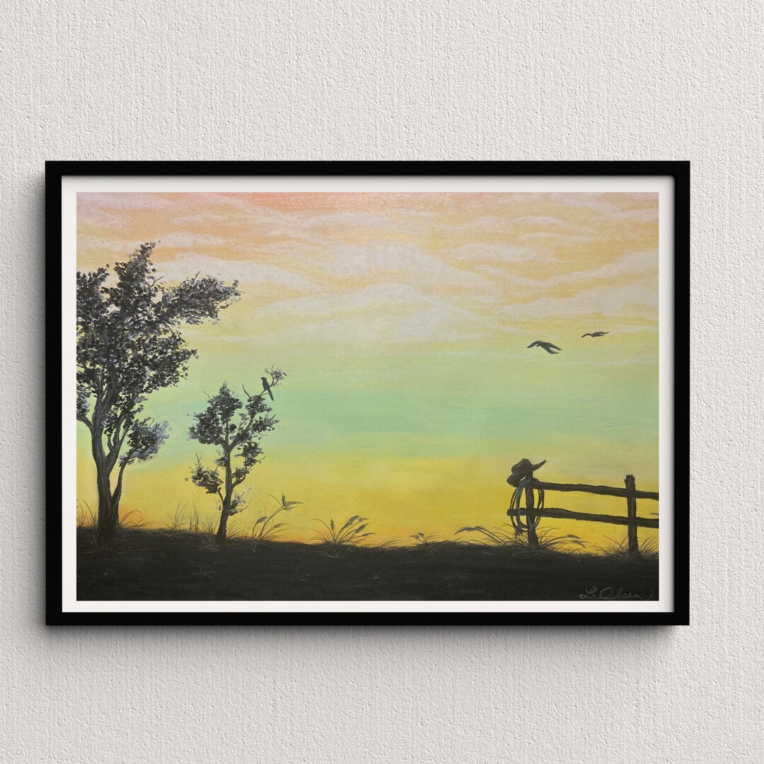 Midwest Country Landscape Done Art Print, Sunset Farmhouse Scenery ...