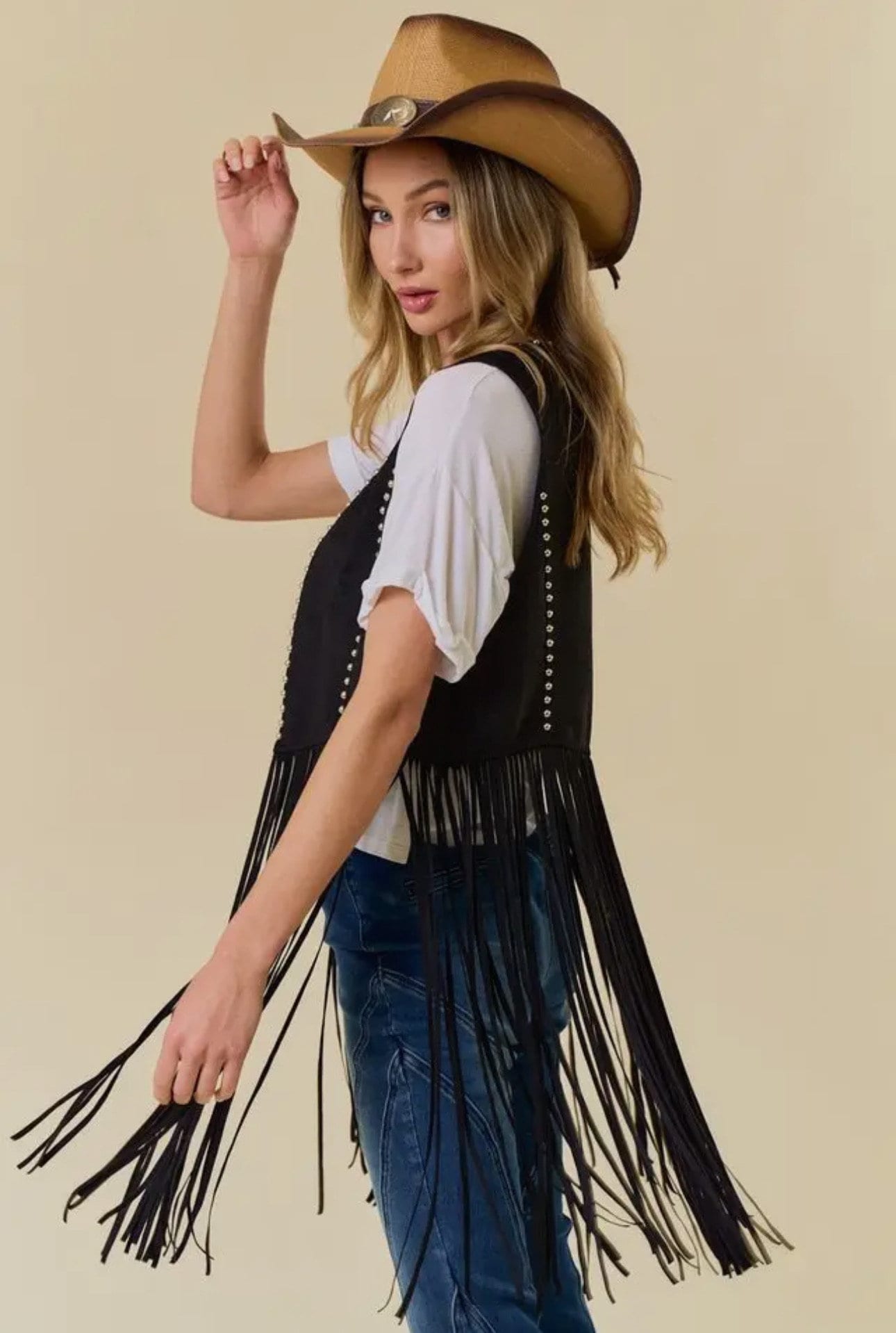 Black Faux Fringe Suede Vest, Studd Suede Open Front Vest, Western ...