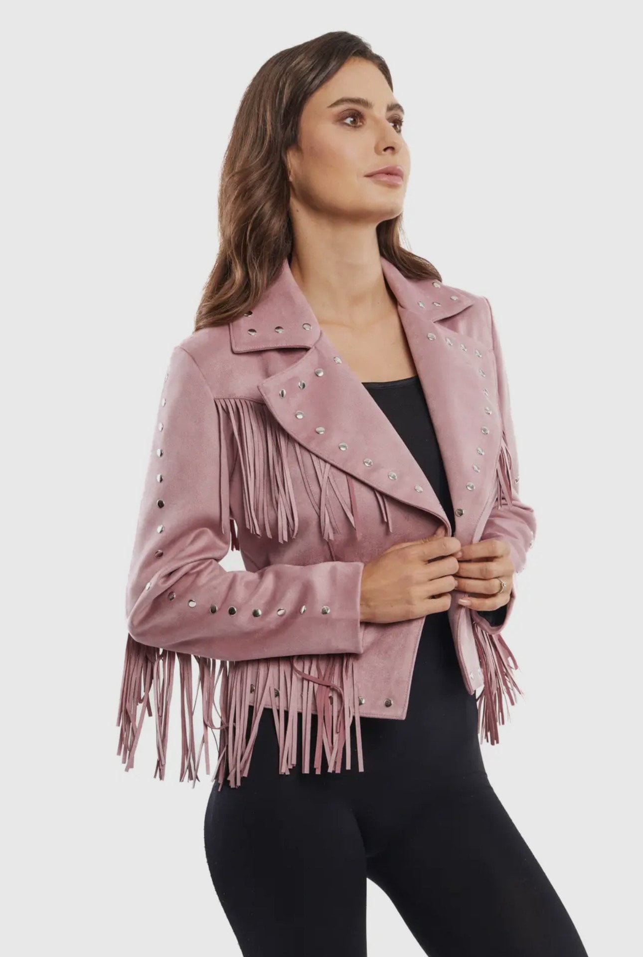 Soft Pink Vegan Suede Leather Fringe Back Fringe Trim Sleeves ...