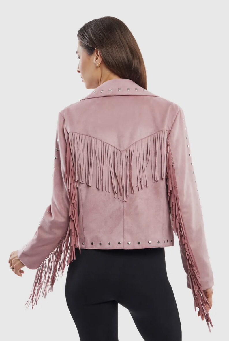 Soft Pink Vegan Suede Leather Fringe Back Fringe Trim Sleeves ...