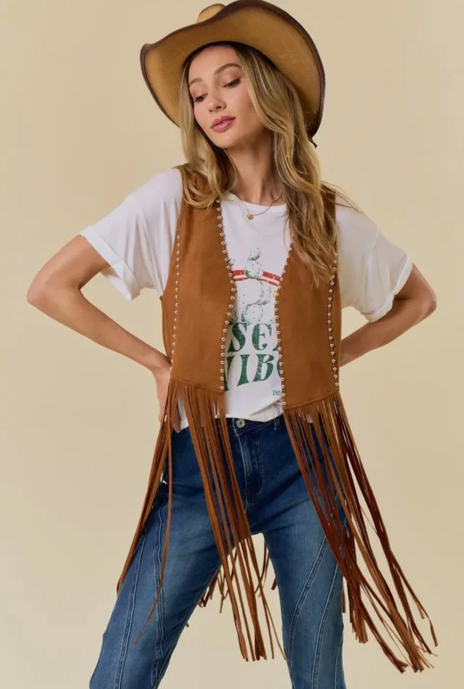 Brown Faux Fringe Suede Vest, Studd Suede Open Front Vest, Western ...