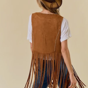 Brown Faux Fringe Suede Vest, Studd Suede Open Front Vest, Western ...