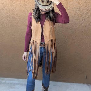 Brown Faux Fringe Suede Vest, Studd Suede Open Front Vest, Western ...