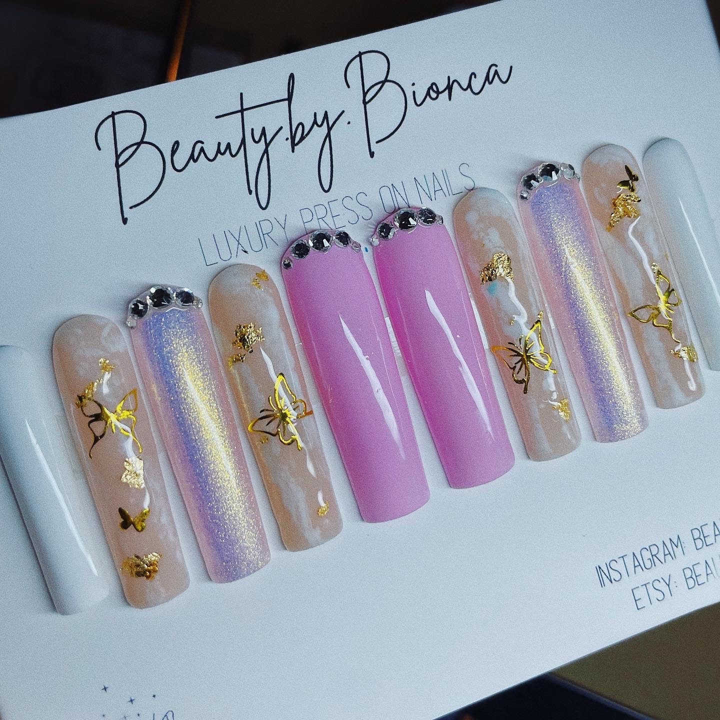 Extra-long Square Press-on Nails-pink Marble Gold Butterfly - Etsy