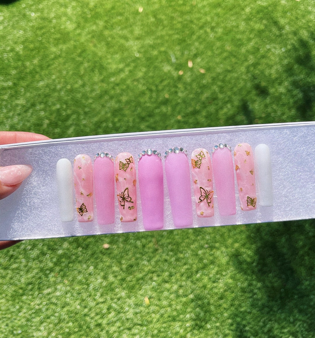 Extra-long Square Press-on Nails-pink Marble, Gold Butterfly | Free ...