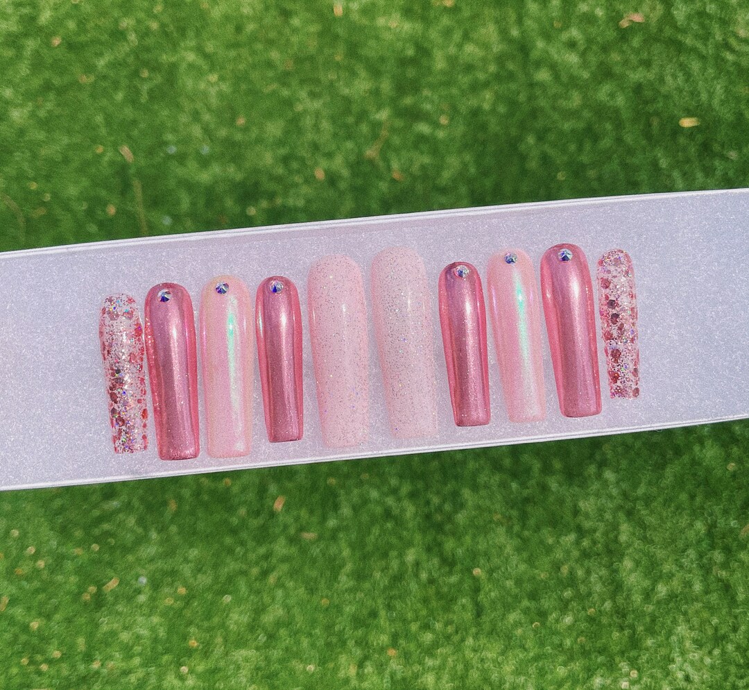 Cute Pink Extra-long Square Press Ons - Glitter&chrome | Free Shipping ...