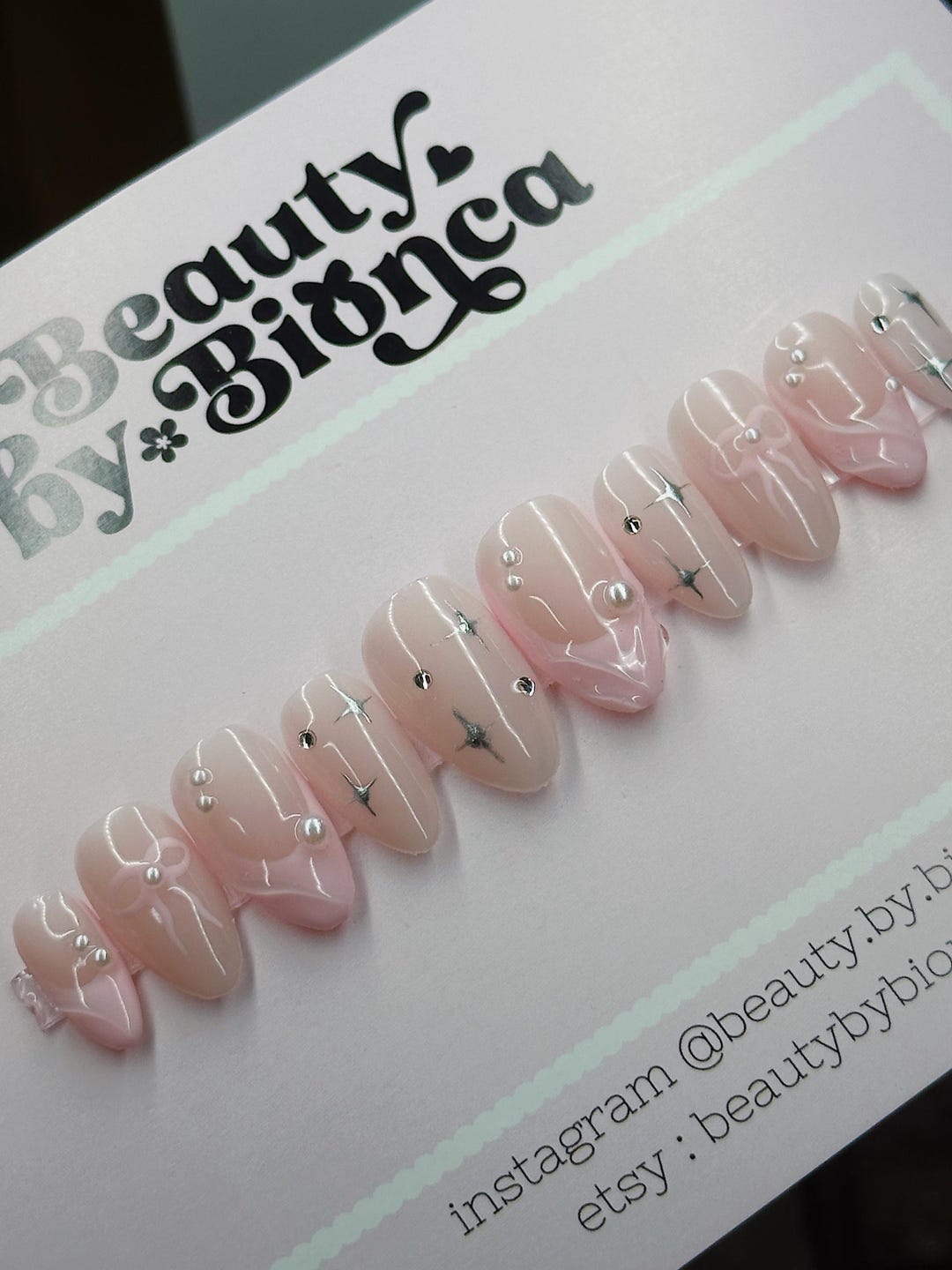 Baby Pink Coquette Press Ons | Bows and Sparkles | 3D Texture and ...