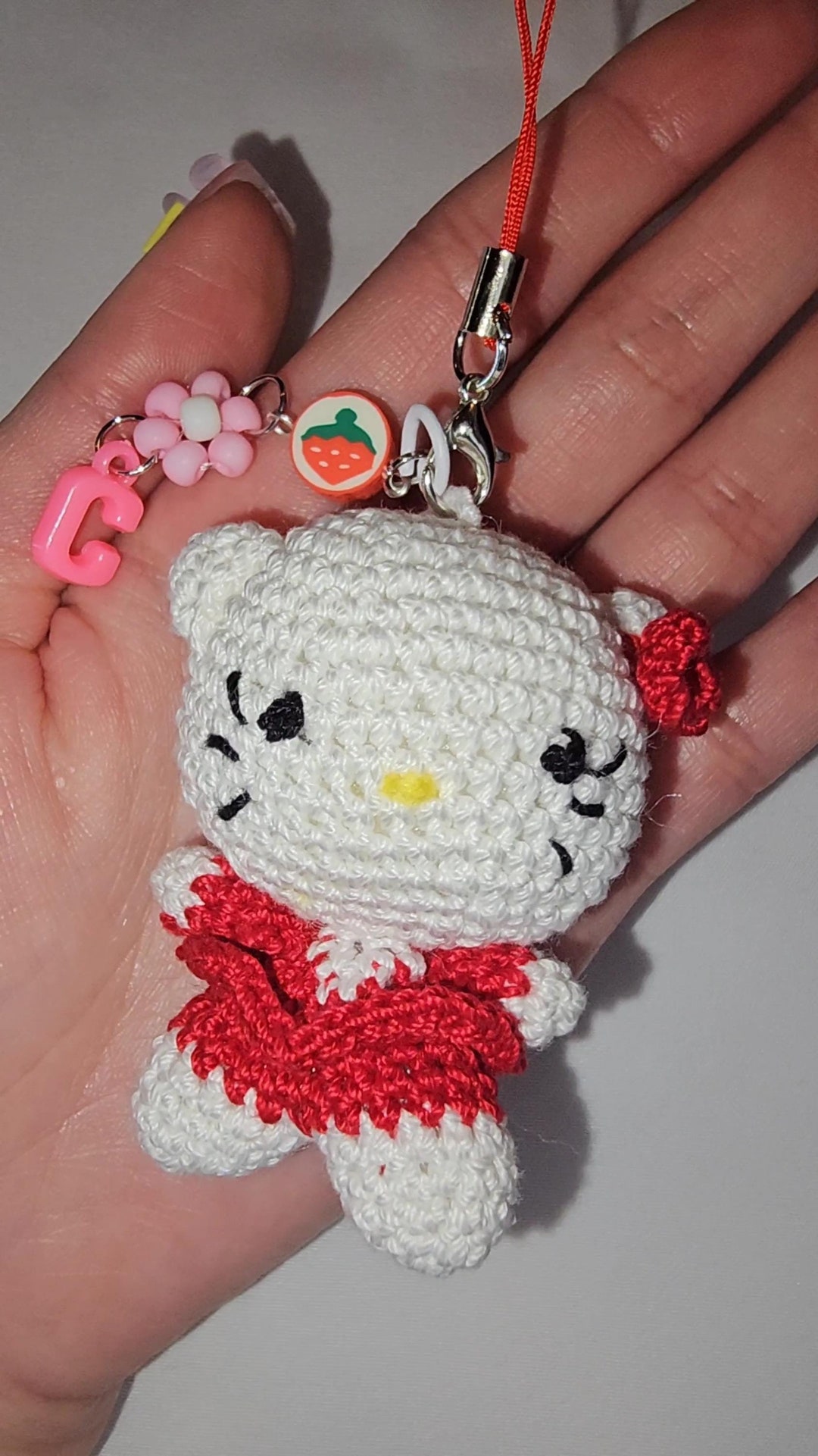 Hello Kitty Sanrio Handmade Amigurumi Crochet Keychain Red Rope Strap ...